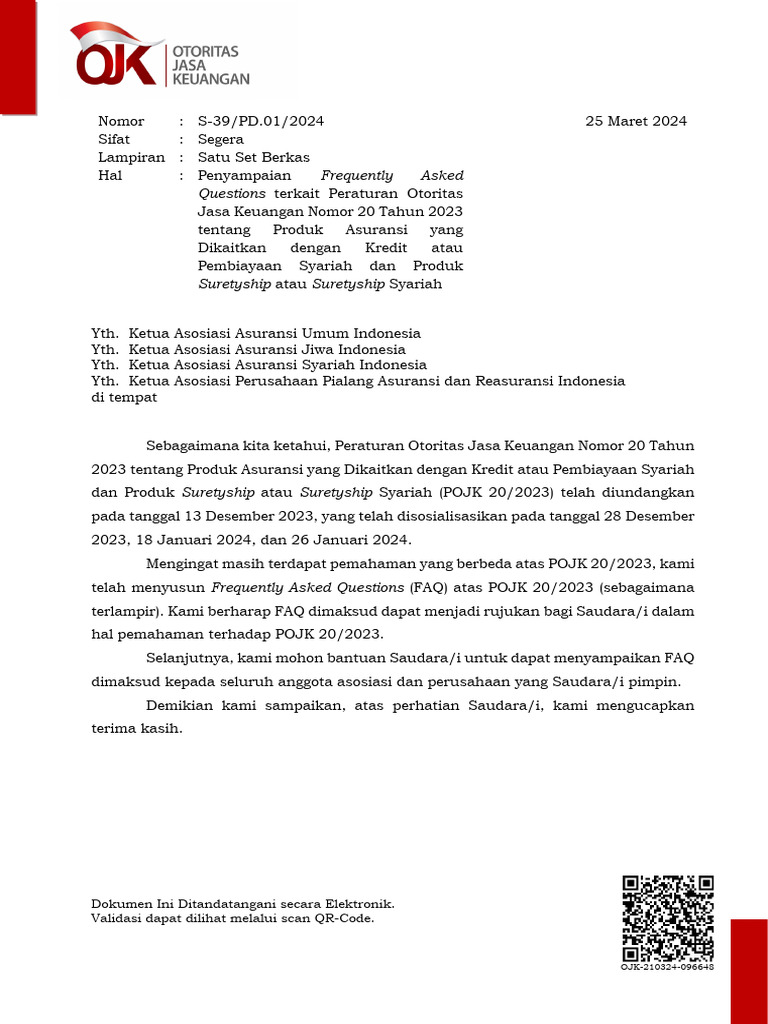 Surat Penyampaian FAQ POJK Asuransi Kredit | PDF