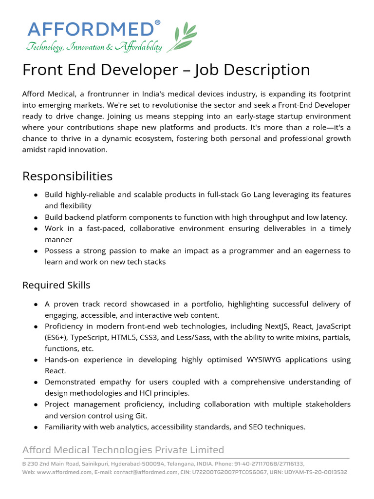 Frontend Developer JD | PDF | Information Technology | Computing