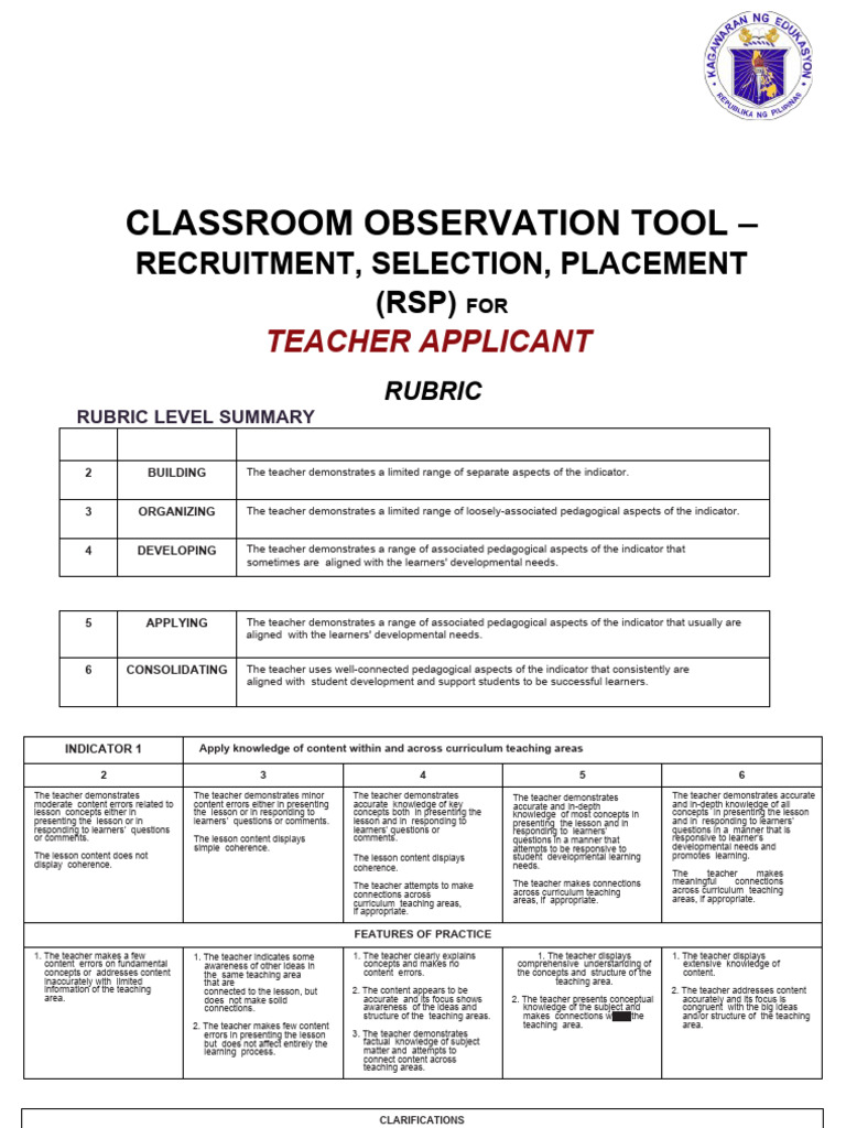 Annex J - COT RSP Rubric | PDF | Educational Assessment | Teachers