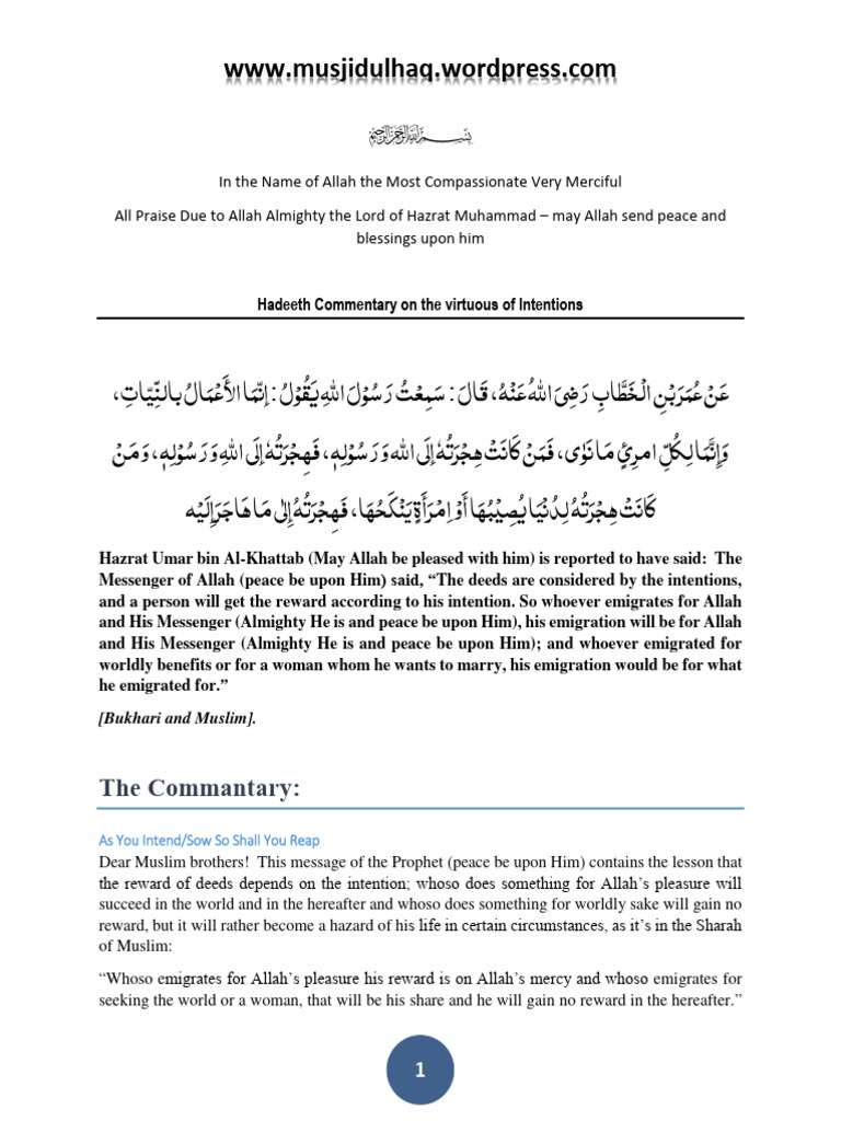 Hadeeth Commentary On The Virtuous of Intentions | PDF | Hadith | God ...