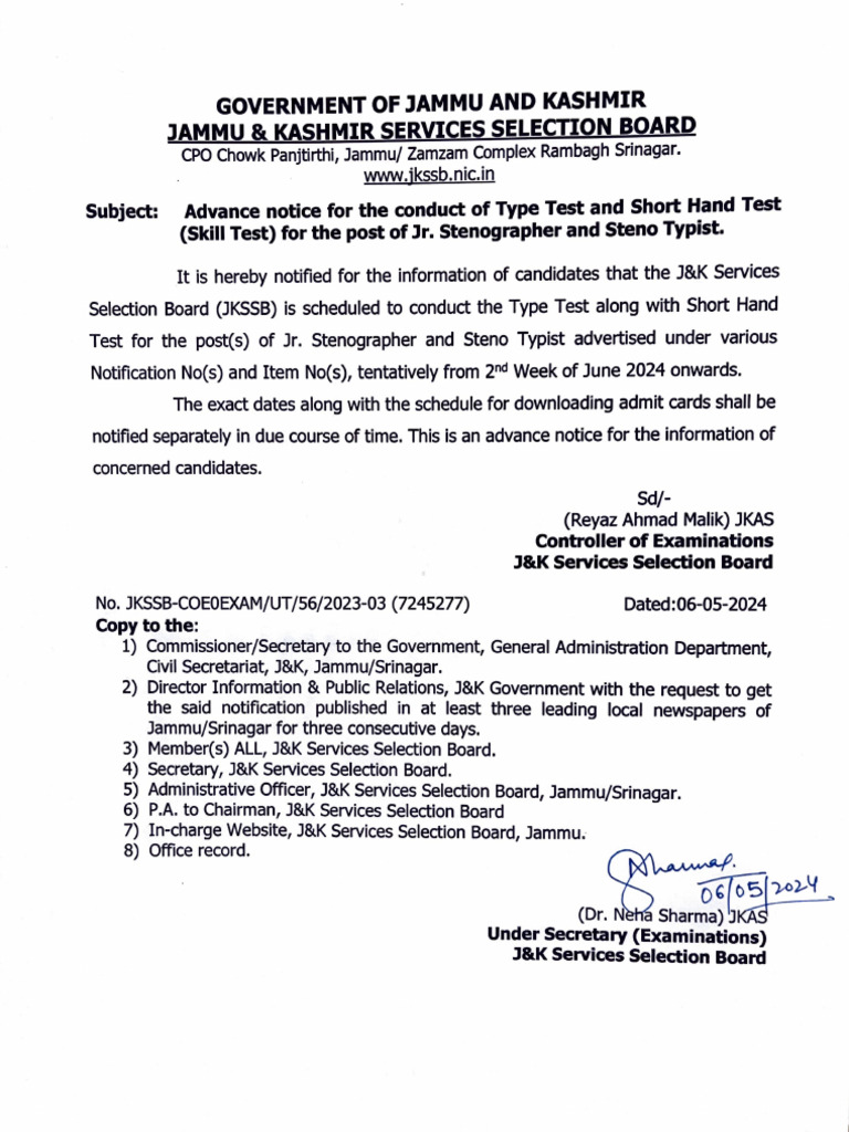 Advance - Notice - JR - Steno - Steno - Typist - 06052024 | PDF