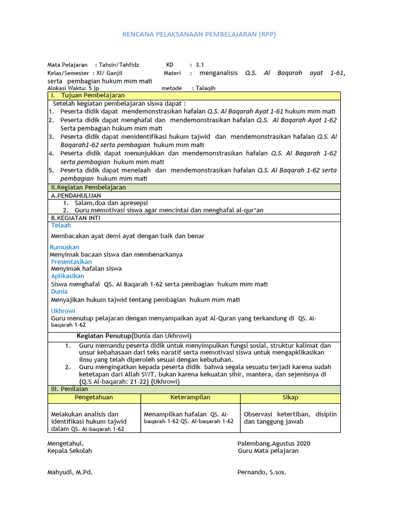 RPP Tahfidz Xi | PDF | Kajian Bahasa Asing | Agama & Spiritualitas