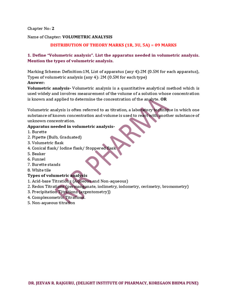 2 VOLUMETRIC ANALYSIS IMP QUE PCT 20112 RJR PHARMA | PDF | Titration | Chemistry
