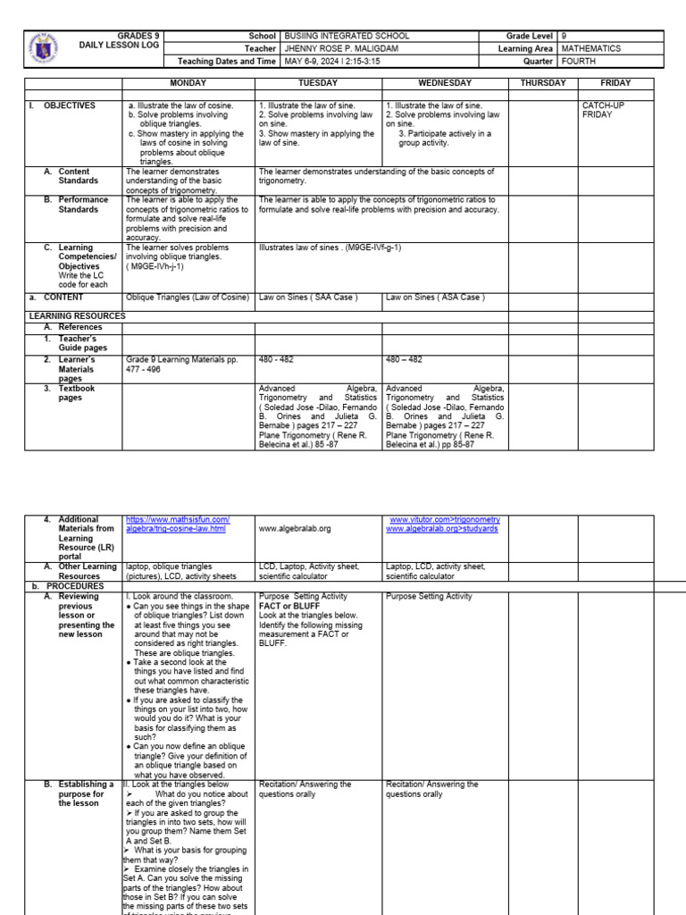 DLL For LC 48.1a-Word-problems-involving-Laws-of-Sines (Esmen) | PDF | Trigonometric Functions ...