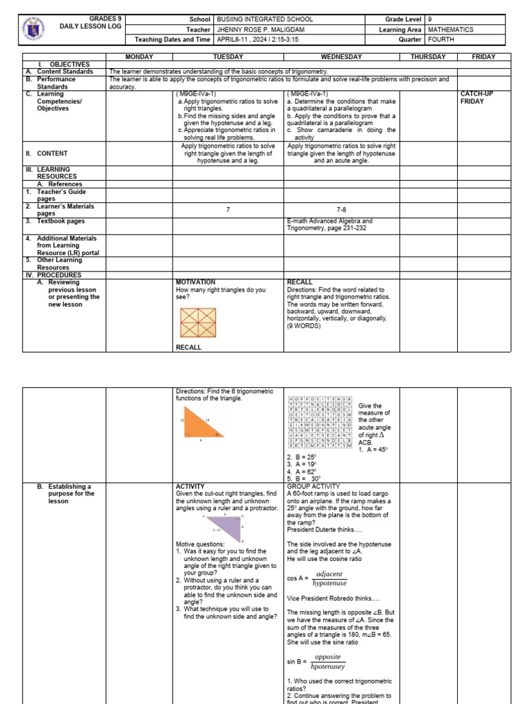 DLL For LC 43.2a - B-Solving Right Triangle (Joya) | PDF | Triangle ...