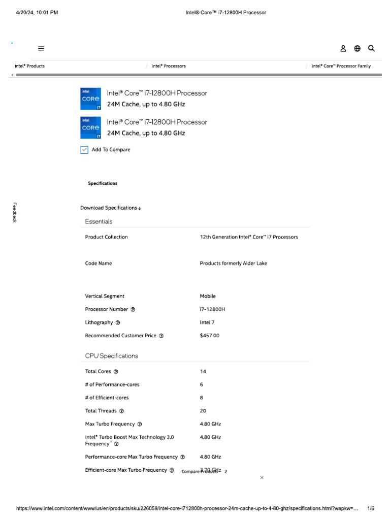 Intel® Core™ I7-12800h Processor | PDF