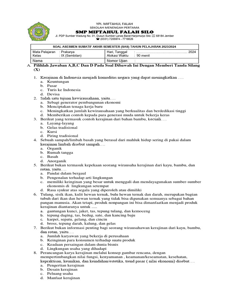 Soal Us Prakarya KLS 9. 2024 | PDF | Griya & Taman