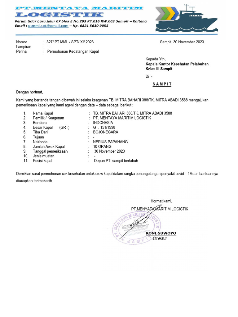 Permohonan Kedatangan Kapal Tb. Mitra Bahari 388 - Tk. Mitra Abadi 3588 | PDF