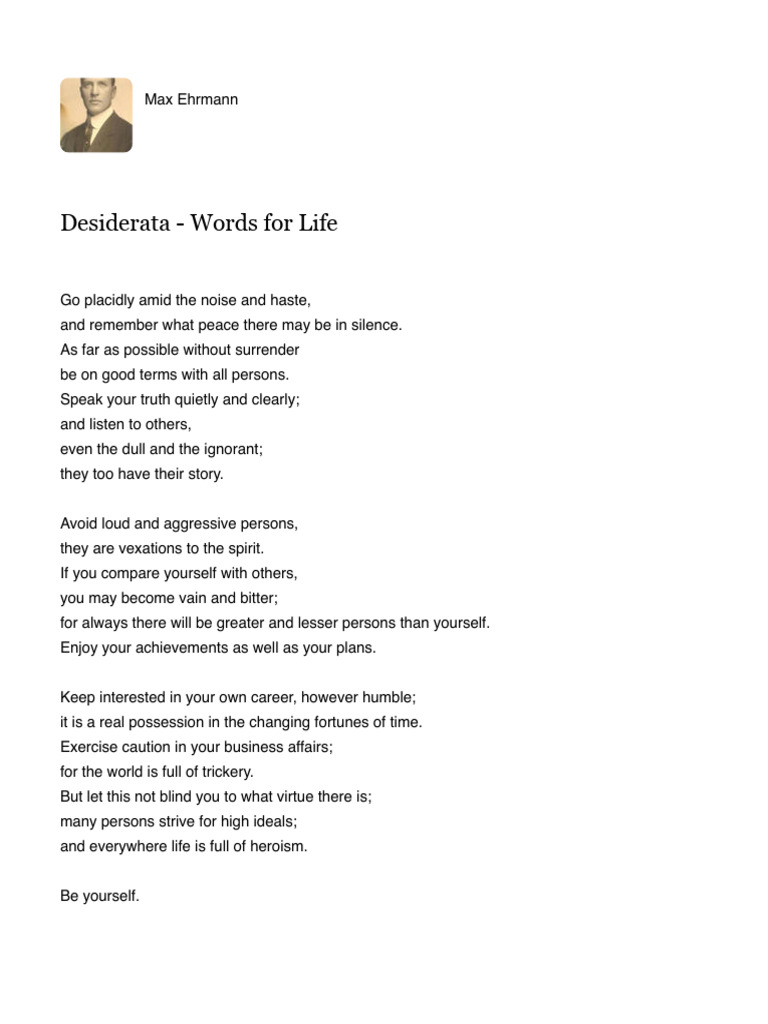 Desiderata - Words For Life by Max Ehrmann - Famous Poems, Famous Poets ...