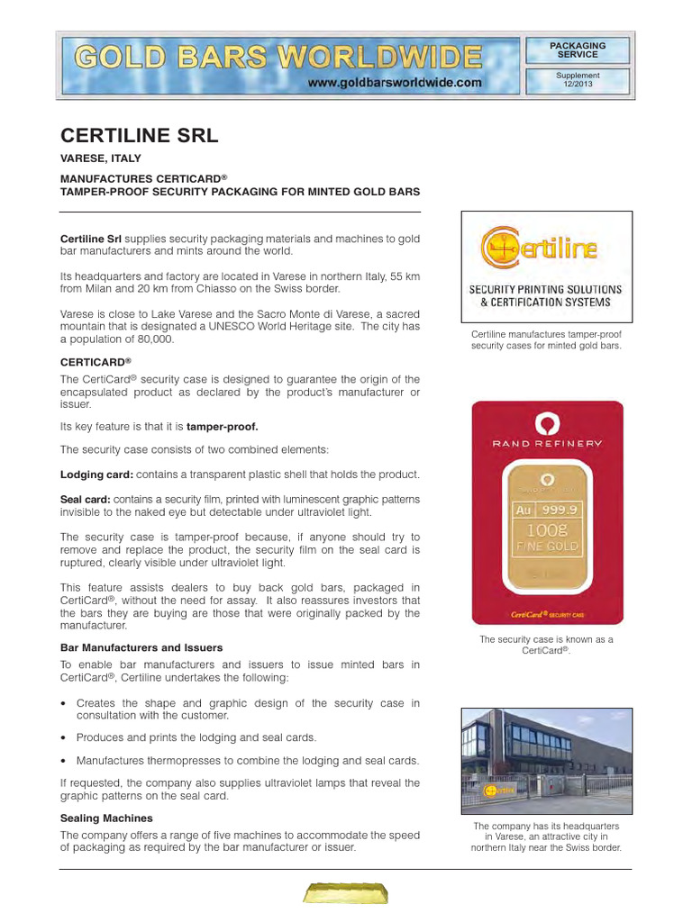 RT 9 Certiline Gold Bar Packaging | PDF