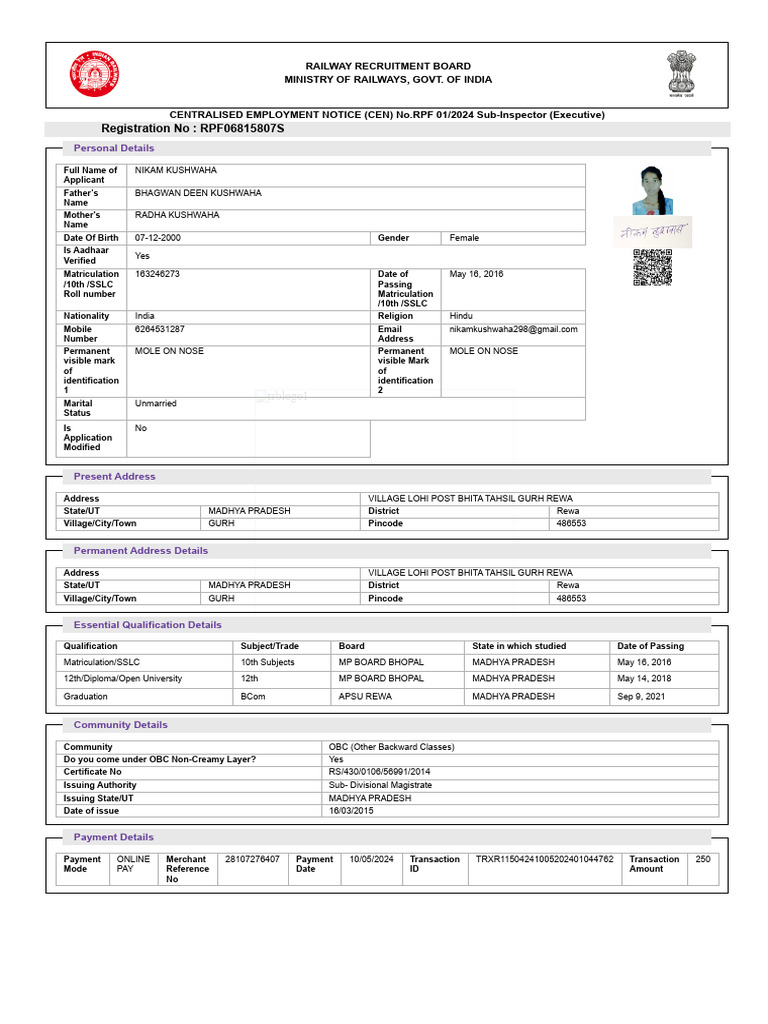 Railway Recruitment Applicant Info | PDF