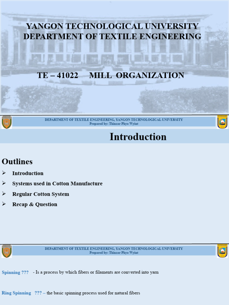 Lec 1- Introduction | PDF | Spinning (Textiles) | Yarn