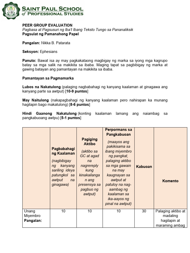 Peer Group Evaluation (Pamanahong Papel) | PDF