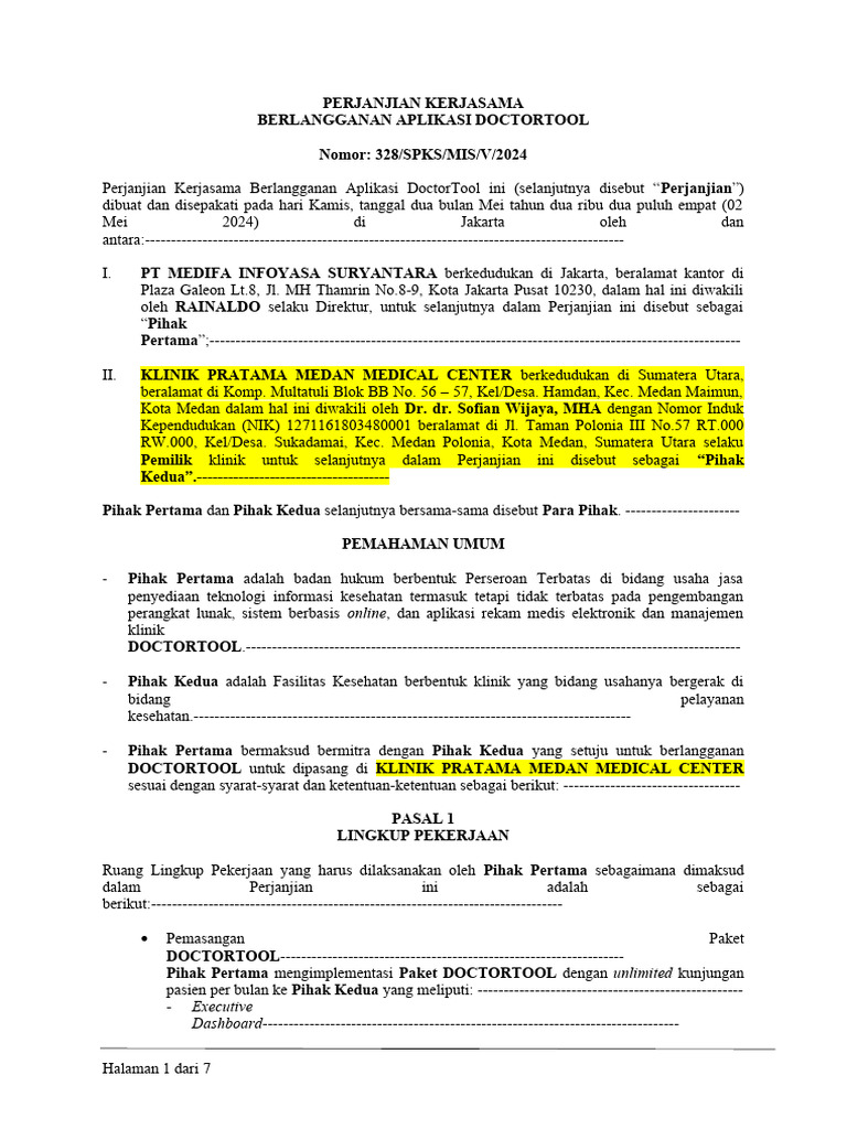 DRAFT PKS DOCTORTOOL - Klinik Pratama Medan Medical Center | PDF