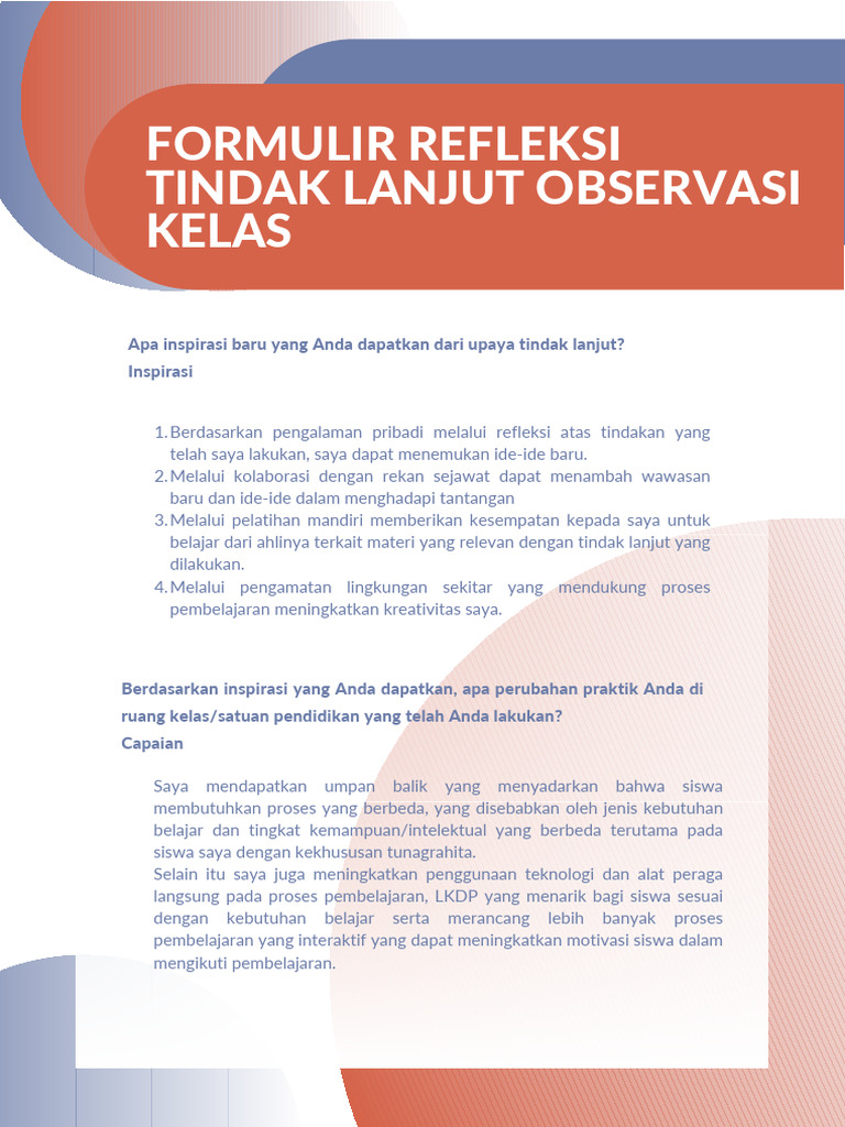 Formulir Refleksi Tindak Lanjut Observasi Kelas | PDF
