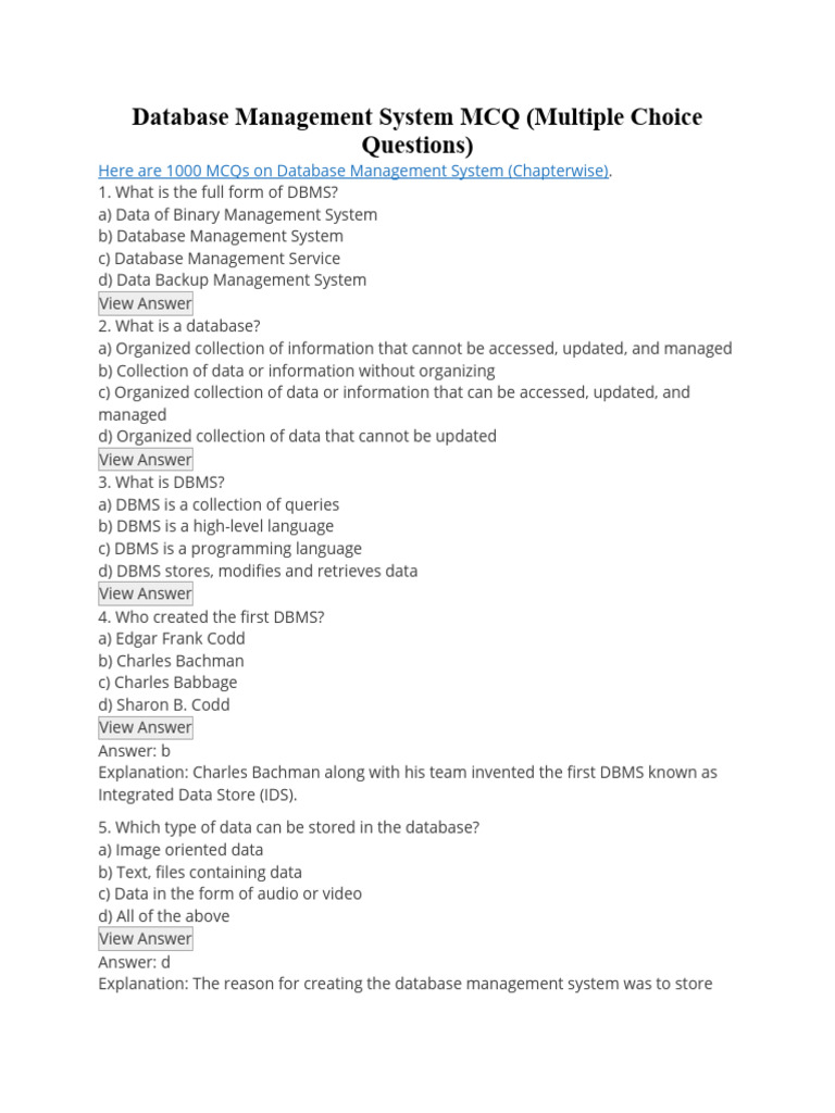 Database Management System MCQ | PDF | Relational Database | Relational Model