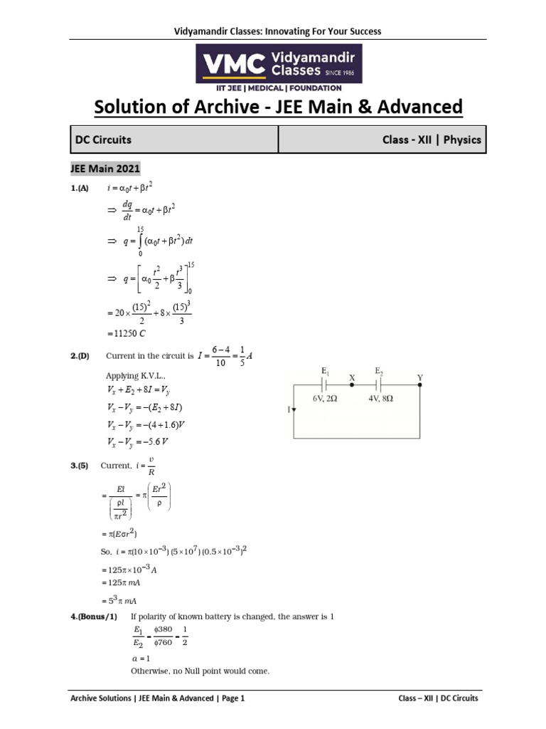 JEE Main & Advanced DC Circuits Solutions | PDF | Voltage | Physical Quantities