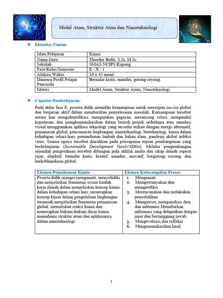 Modul Ajar Kimia - Model Atom, Struktur Atom Dan Nanoteknologi - Fase E - Suspervisi X - 2023 ...