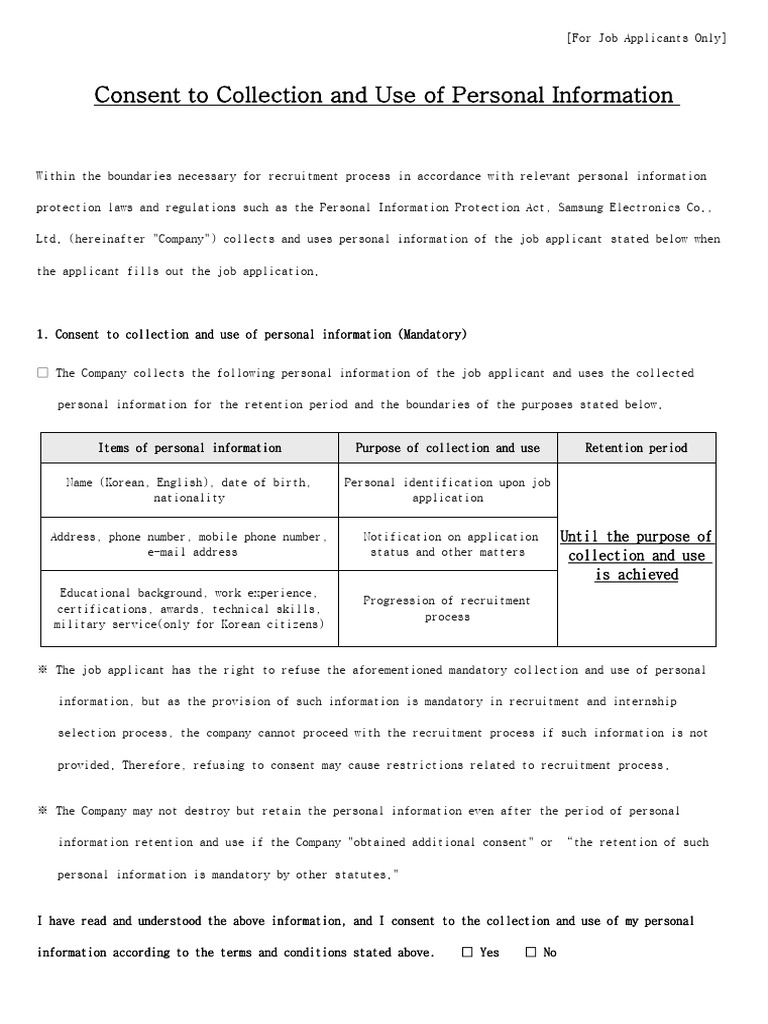 Samsung Electronics Personal Information Collection and Use Agreement ...