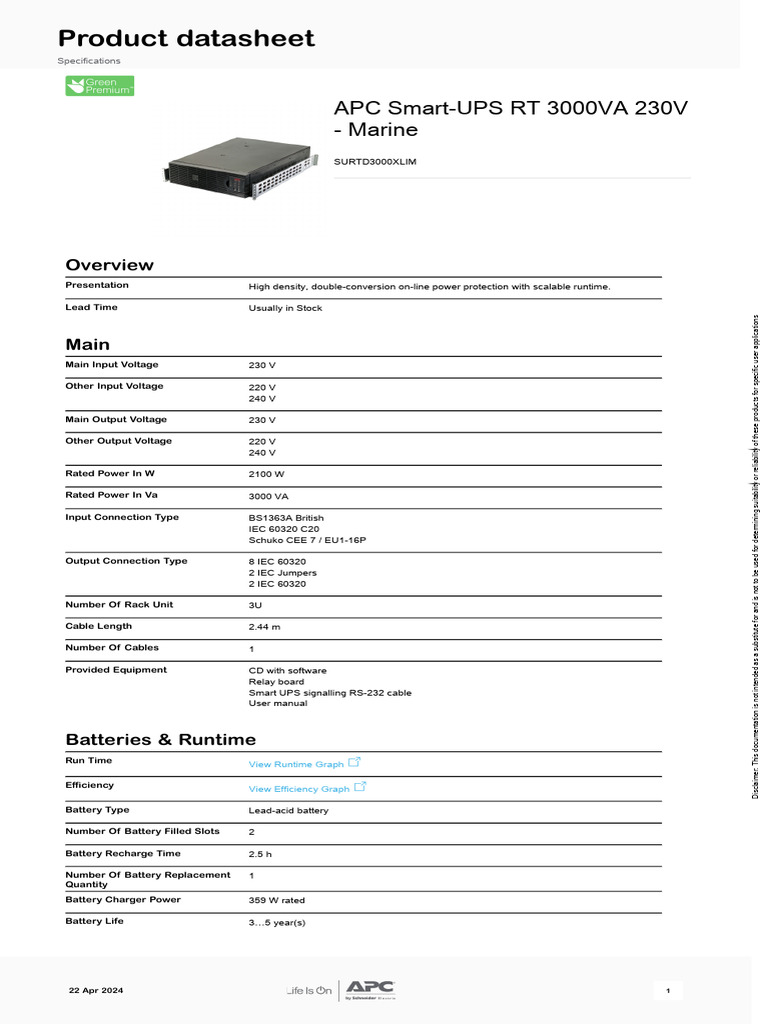 APC Smart-UPS RT 3000VA Marine Specs | PDF | Electrical Engineering ...
