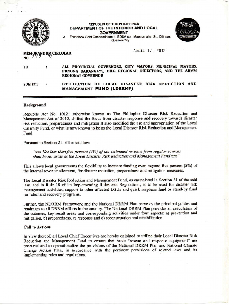 DILG MC 2012-73 Utilization of LDRRMF | PDF