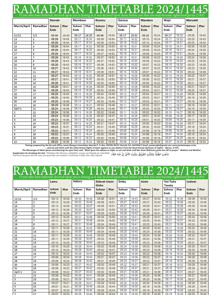 Ramadhan Timetable 2024 Kenya | PDF | Ramadan | Muhammad