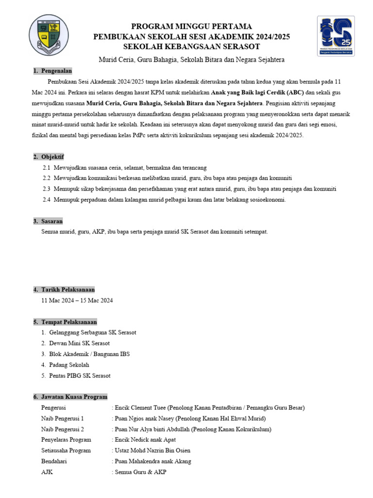Kertas Kerja Program Minggu Pertama Persekolahan 2024 - 2025 | PDF