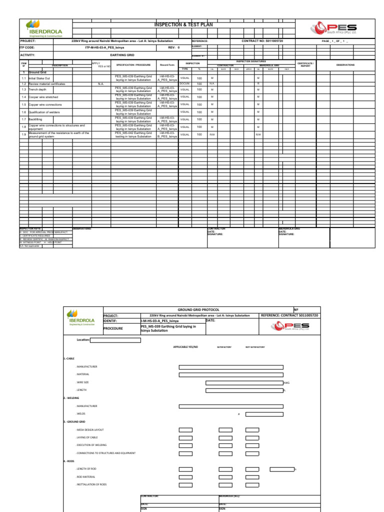 ITP and Forms For Ground Grid Isinya Substation - PES | PDF ...