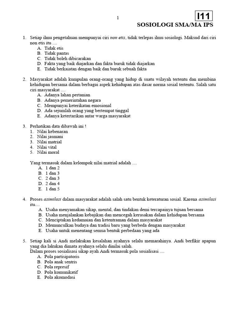 Soal Sma Ips Sosiologi I11 | PDF
