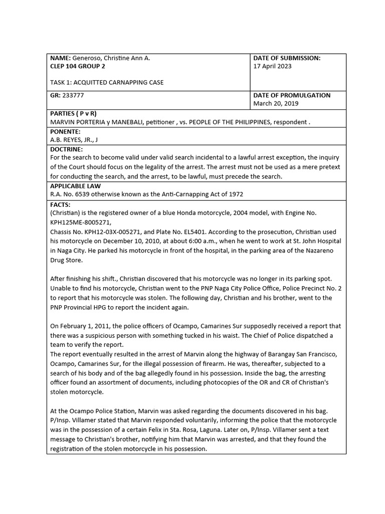 ACQUITTED CARNAPPING Case_Porteria vs People | PDF | Search Warrant | Arrest