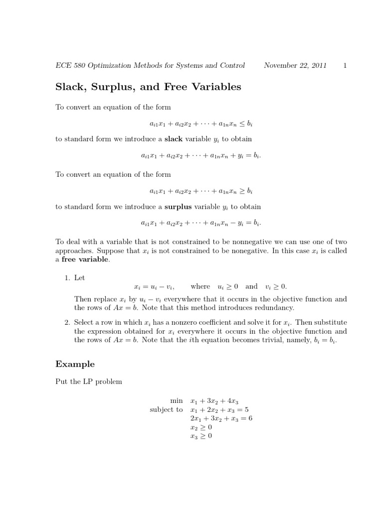 Slack Surplus Free Variables | PDF | Equations | Mathematical Optimization