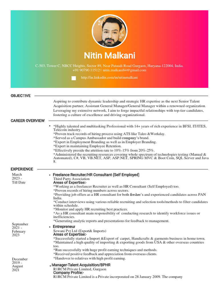 Nitin Malkani (C..) CV. | PDF | Recruitment | Outsourcing