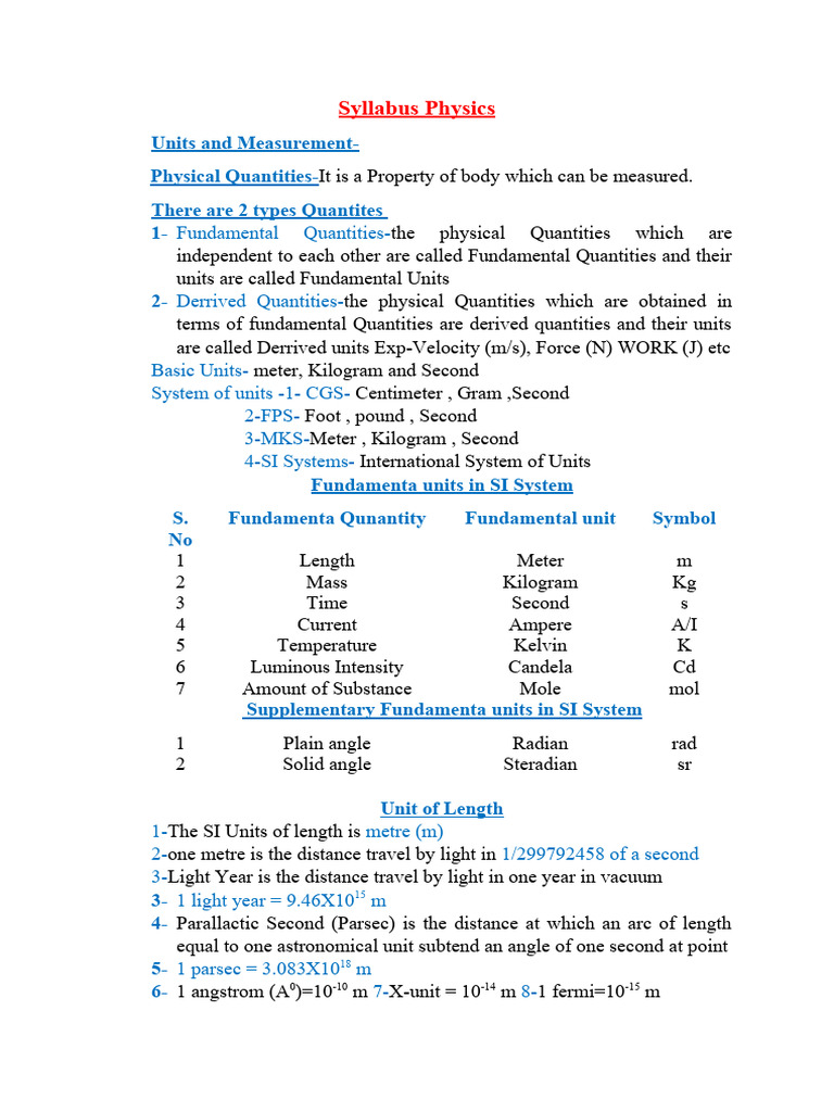 Syllabus Physics SSC | PDF | International System Of Units | Quantity