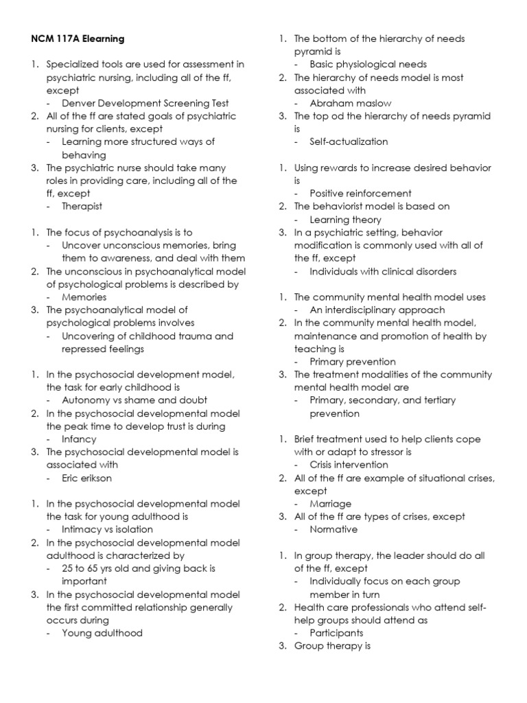 NCM 117A Elearning Prelims 1 | PDF | Antipsychotic | Mental Disorder
