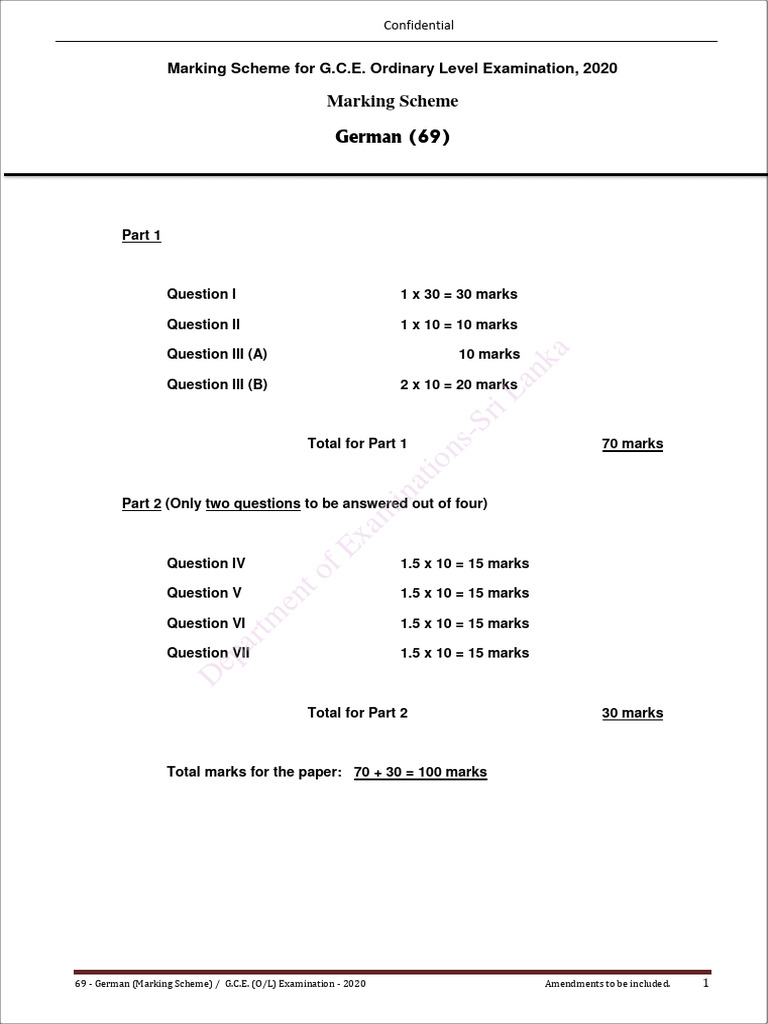 G.C.E. O/L 2020 German Marking Scheme | PDF
