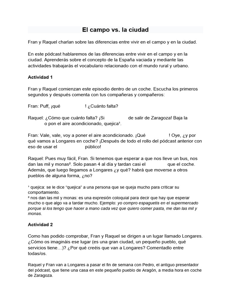 Diferencias entre campo y ciudad | PDF
