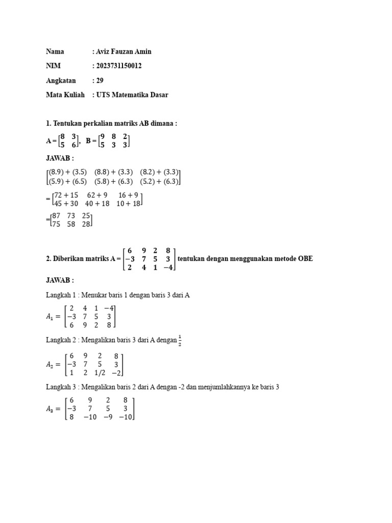 UTS Matematika Dasar - Aviz Fauzan Amin (2023731150012) | PDF