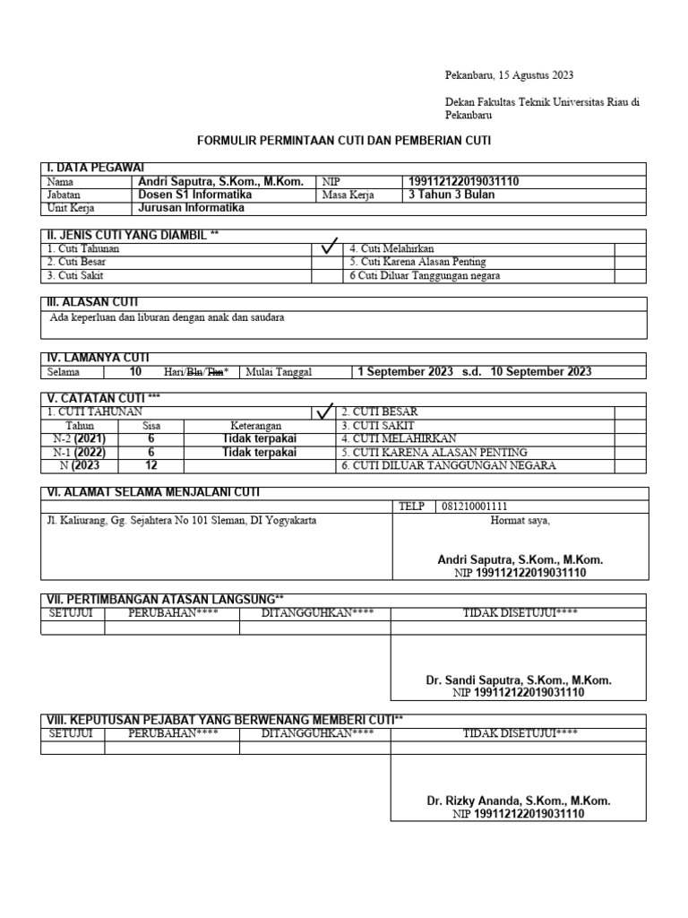 Surat Izin Cuti Pns Isi | PDF