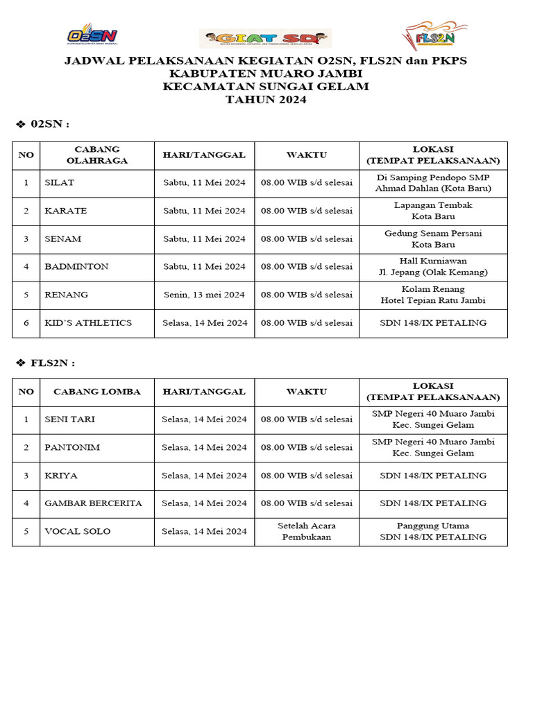 Jadwal O2sn, Fls2n, Pkps Dan Keagamaan Tingkat Kabupaten Muaro Jambi | PDF