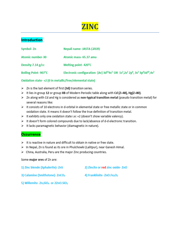 Zinc Corrected Class 12 | PDF | Zinc | Metals