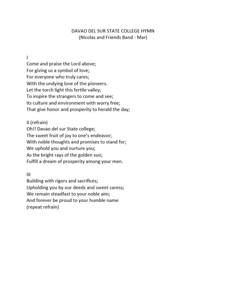 Davao del Sur State College Hymn | PDF | Travel | Home & Garden