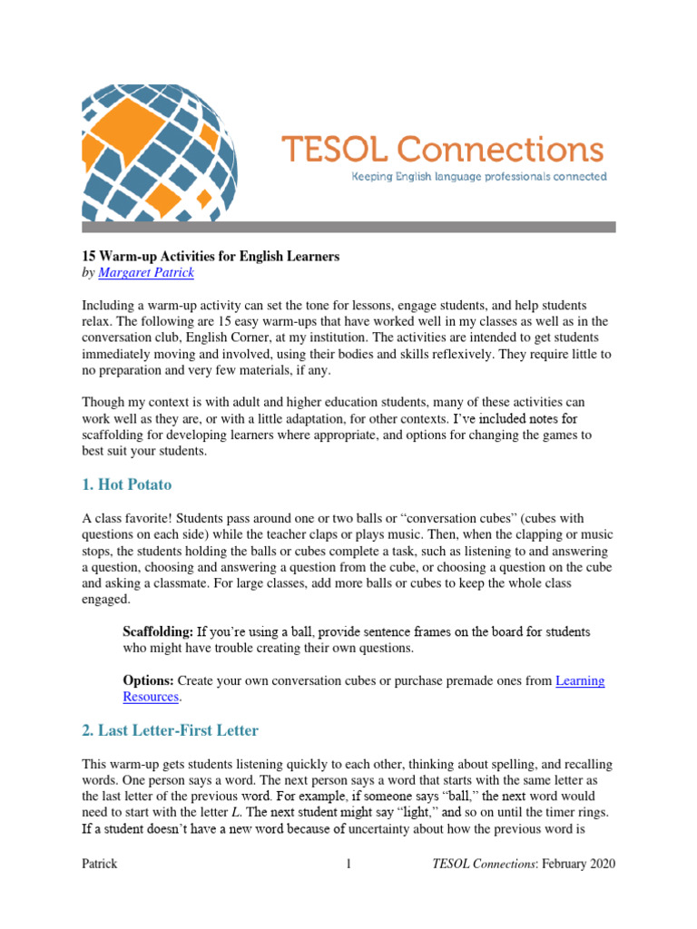 2020-02_Warm-up Activities | PDF | Adjective | English As A Second Or ...