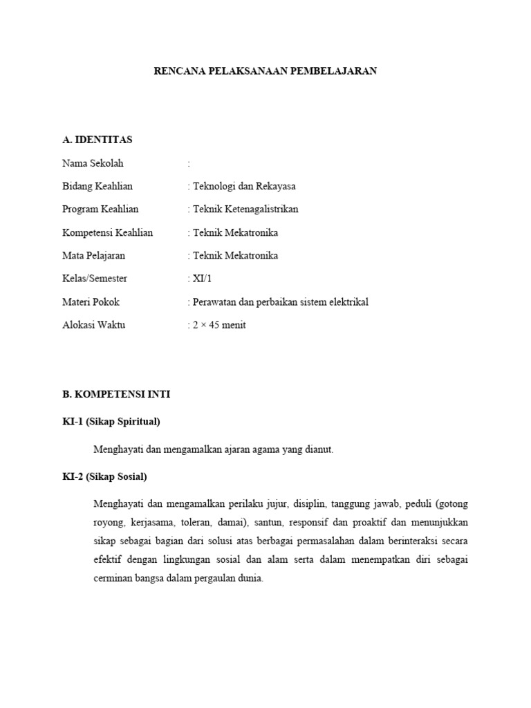 RENCANA PELAKSANAAN PEMBELAJARAN Teknik Mekatronika - Vinsensia Lebo | PDF