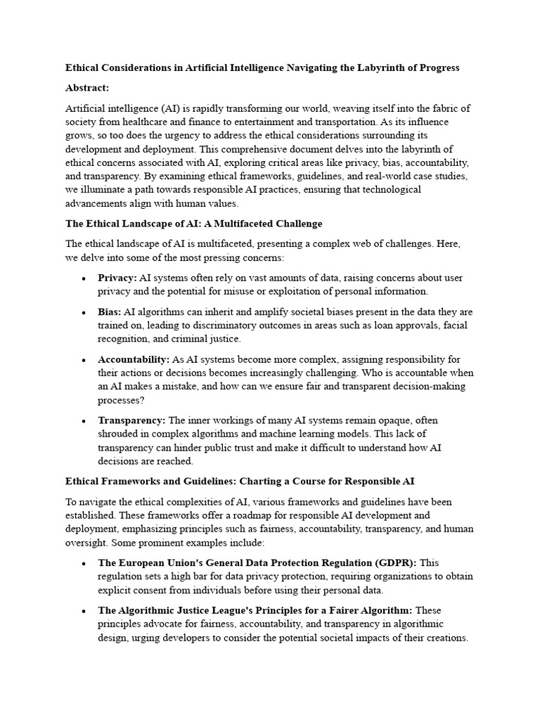 Ethical Considerations in Artificial Intelligence Navigating The Labyrinth of Progress | PDF ...