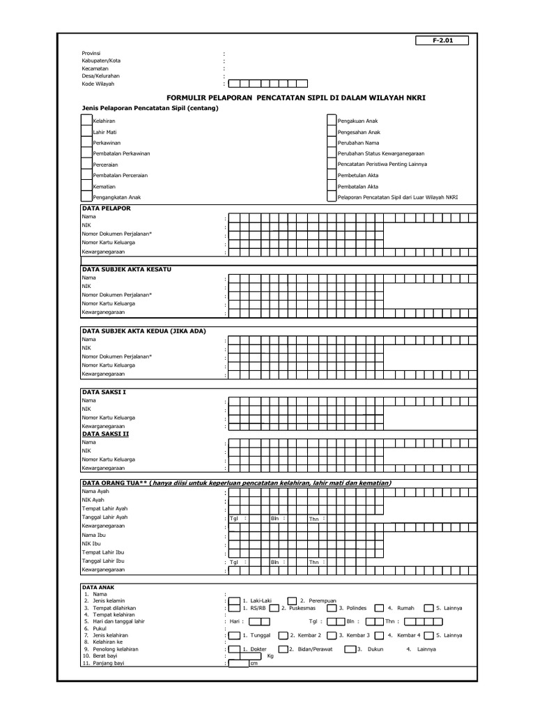 F-2.01 Formulir Pelaporan Pencatatan Sipil Di Dalam Wilayah Nkri | PDF | Politik | Ilmu Sosial