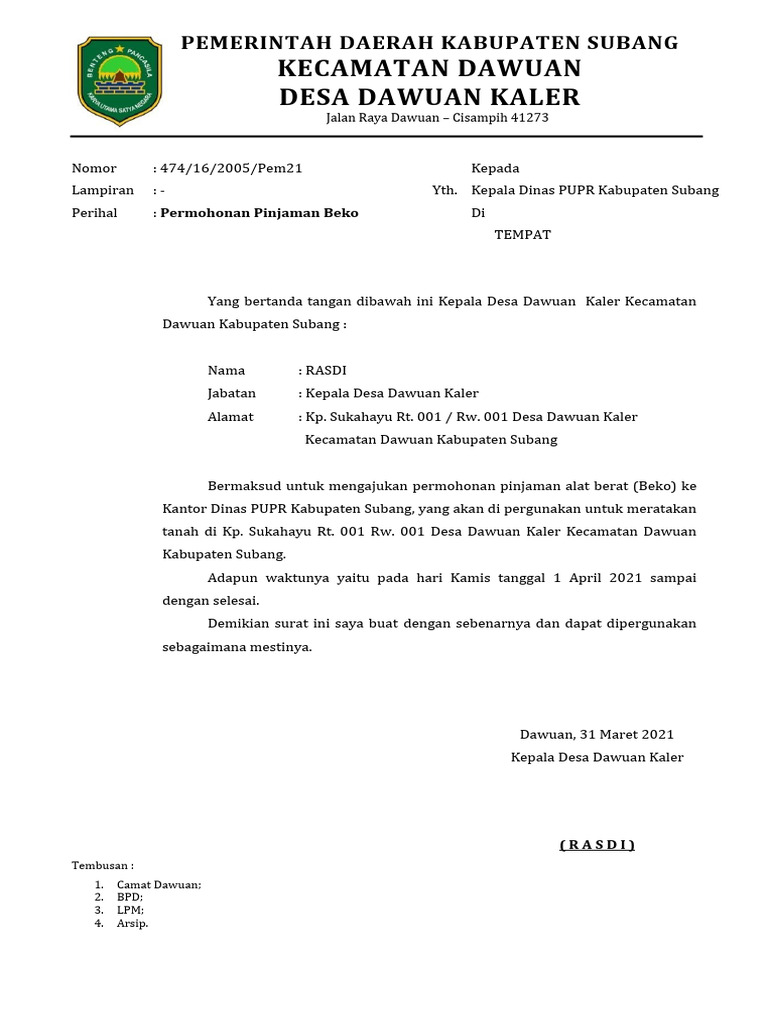 Surat Pinjaman Alat Berat | PDF