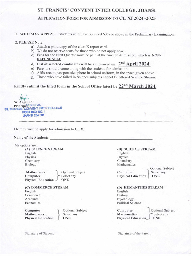 Class 11 Application Form Details For 2024-25 | PDF