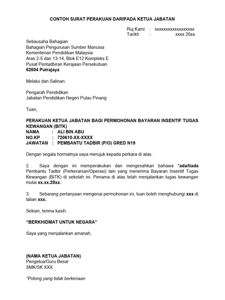 Contoh Surat Perakuan Daripada Ketua Jabatan Bagi Permohonan BITK | PDF