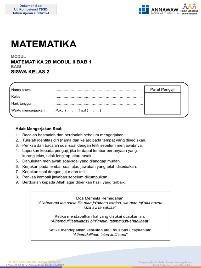 Kelas 2B - Dokumen Soal Uji Kompetensi 1 Matematika K4 | PDF