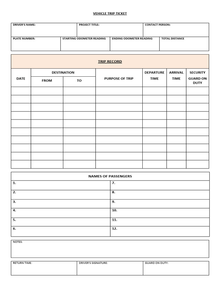 Vehicle Trip Ticket Template | PDF